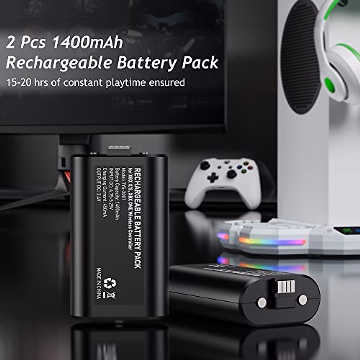 Cooling Fan Stand for Xbox Series S with RGB Light Strip, Wiilkac Upgraded Dual Controllers Charging Dock Accessories with 2 X 1400mAH Rechargeable Battery Pack, Headset Hook & USB Ports - White