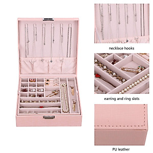 BEWISHOME Jewelry Box for Girls 35 Compartments Jewelry Organizer - 6 Necklace Hooks, 2 Layers - Jewelry Boxes Display Storage Case Jewelry Holder for Girls Pink SSH71F