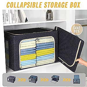 3 Pack Clothes Storage Organizer Bins - Foldable Metal Frame Storage Bins Stackable Oxford Cloth Fabric Container Organizer Set with Carrying Handles and Clear Window (Medium-36L, Navy Blue)