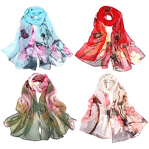 db11 Pack of 4 Chiffon Floral Scarf for Women Fashion Shawls Wraps Lightweight Large Neck Scarves (Color2)