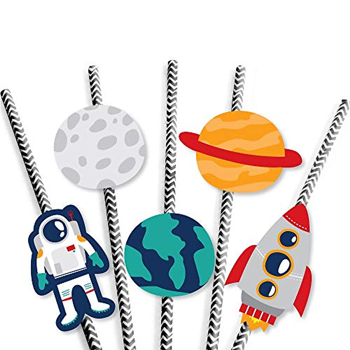 Blast Off to Outer Space - Paper Straw Decor - Rocket Ship Baby Shower or Birthday Party Striped Decorative Straws - Set of 24