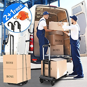 ROYI Folding Hand Truck,290lbs Heavy Duty Luggage Cart with Elastic Bungee Rope,4 Wheels Solid Construction Fold Up Dolly Compact Lightweight Utility Cart for Luggage Travel Shopping Moving Office Use
