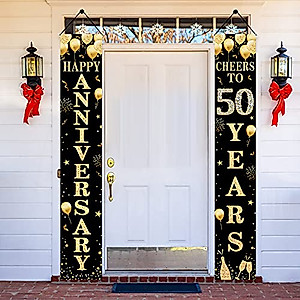 Happy 50th Anniversary Door Banner Decorations, 50 Wedding Anniversary Cheers to 50 Years Party Supplies, Black Gold Fifty Anniversary Welcome Door Décor Sign