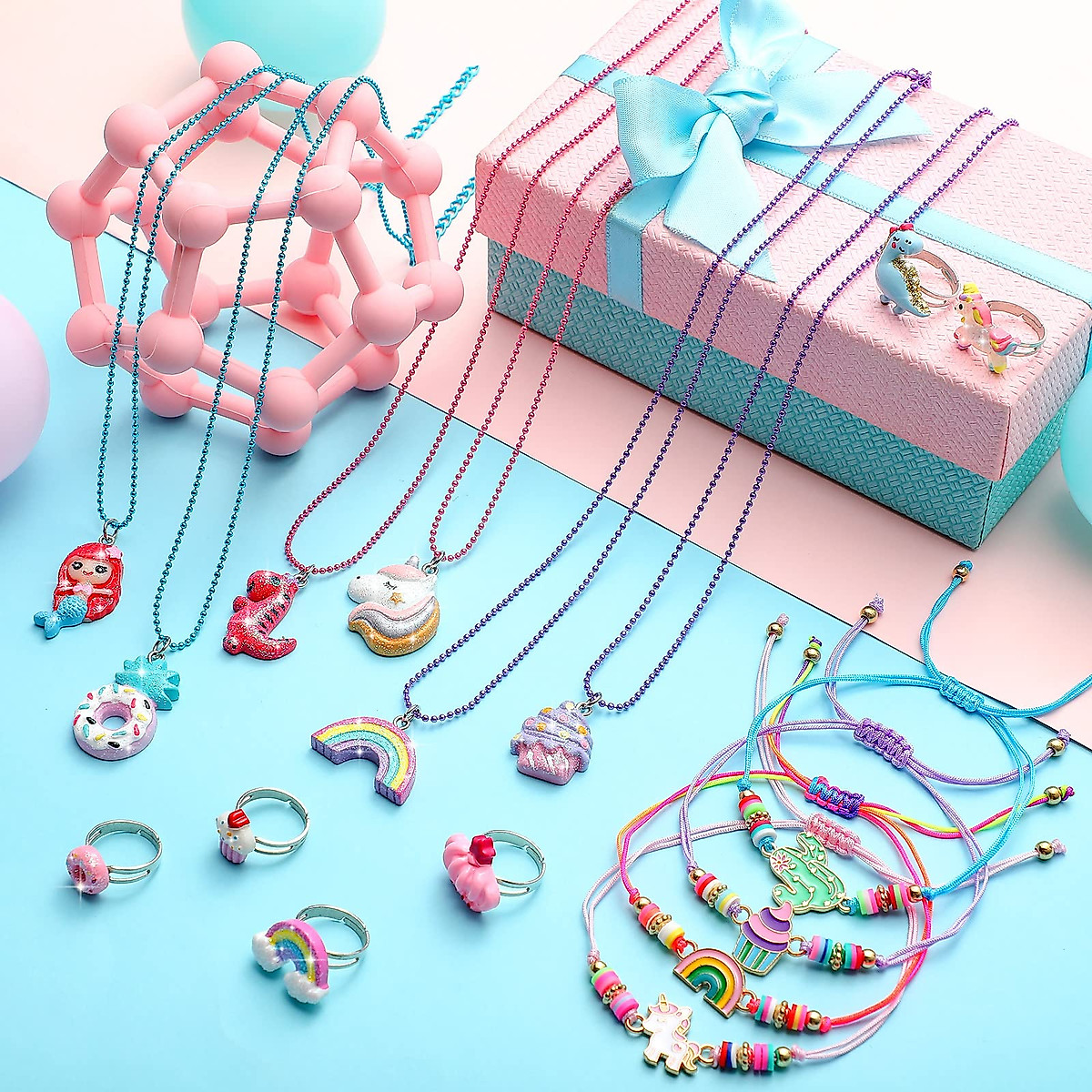 24 Pcs Little Girl Jewelry Set Kids Unicorn Necklace Cute Woven Bracelet Ring for Girls Pretend Dress up Party Favor (Cute Style)