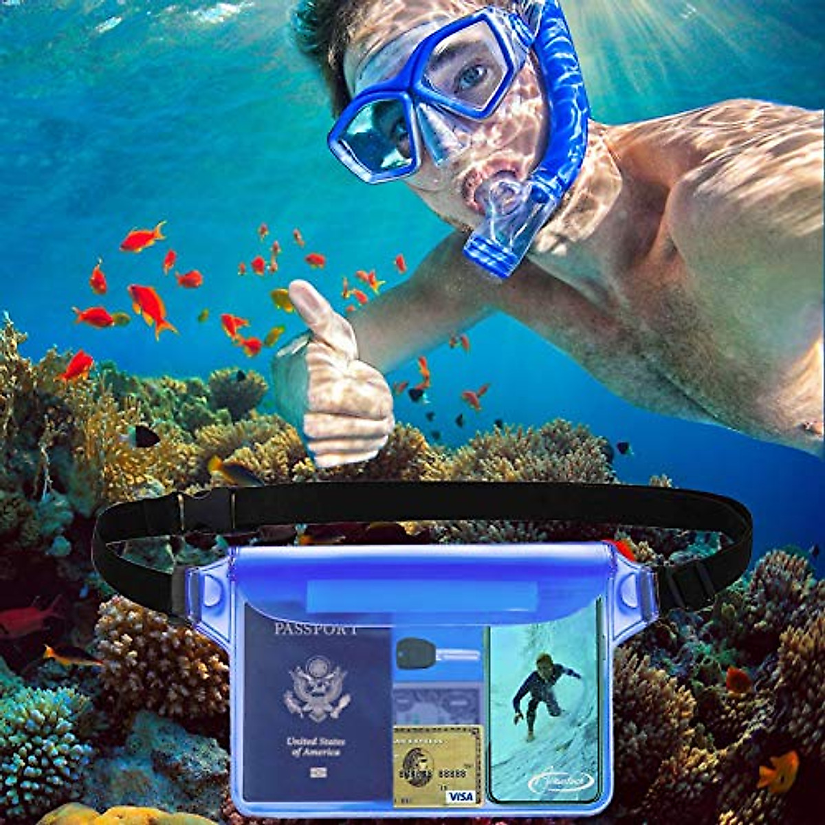 AiRunTech Waterproof Pouch | Way to Keep Your Phone and Valuables Safe and Dry | for Boating Swimming Snorkeling Kayaking Beach Pool (2 Phone Cases(Green + Black) + 2 Fanny Packs(Black + Blue)