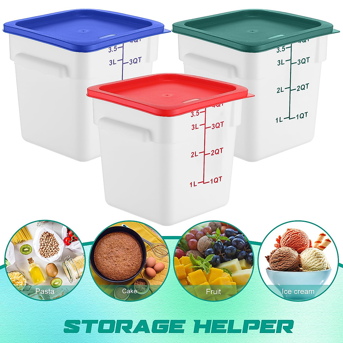 Ziliny 6 Pieces 4 Quart Commercial Food Storage Containers with Lid Translucent Container with 3 Color Lids for Freezer Flour Sugar Baking Bread Restaurant, Square