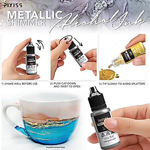 Metallic Alcohol Ink Set - 5 Metal Color Alcohol-Based Inks for Epoxy Resin Art - Concentrated Shimmer Alcohol Paint Color Dye for Resin - 4 Ounce White Alcohol Ink - Pixiss Alcohol Ink Blower