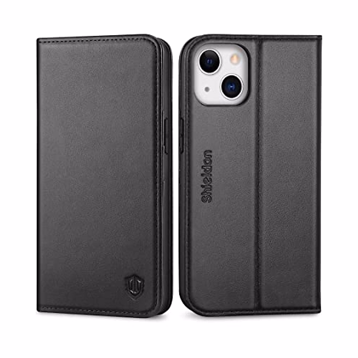 SHIELDON Case for iPhone 13 Wallet Case, Genuine Leather Case with Kickstand RFID Blocking Credit Card Holder Shockproof Full Protection Magnetic Case Compatible with iPhone 13 5G 6.1" 2021 - Black