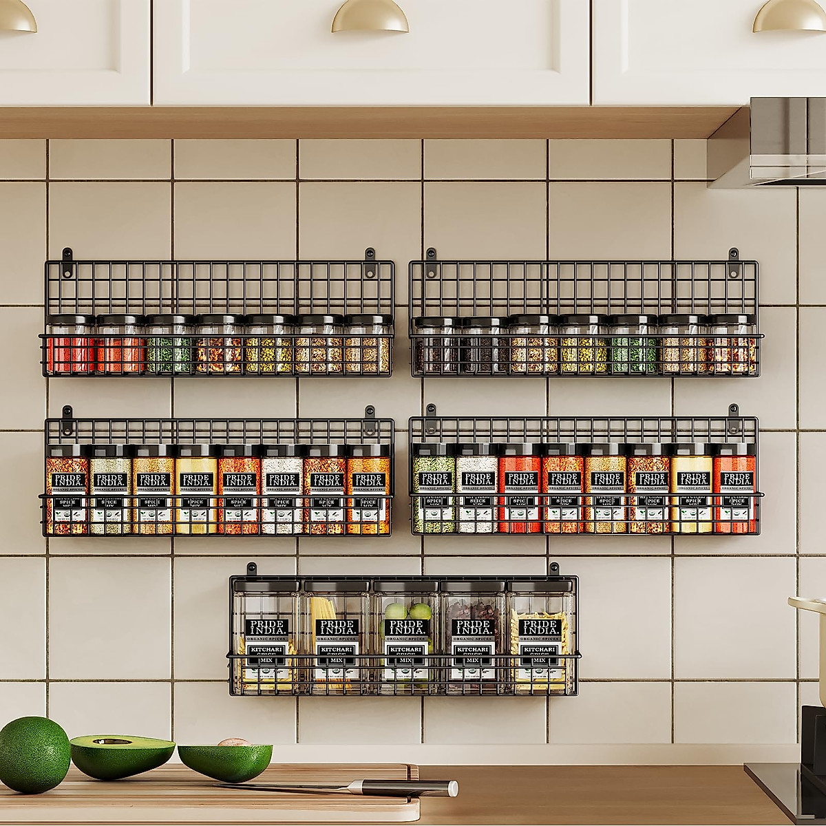 Spice Rack Organizer Wall Mounted 5-Tier Stackable Hanging Spice Jars Storage Racks,Great for Kitchen and Pantry,Up to Storage 48 Jars(Patent No.:D909138S)