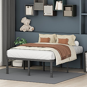 Queen Bed Frame 16 Inch High Metal Platform Bed Frame with 4 Mattress Retainers Heavy Duty Steel Slats Black Kids Queen Size Bed Frame with Headboard Hole No Box Spring Needed Noise Free Easy Assembly