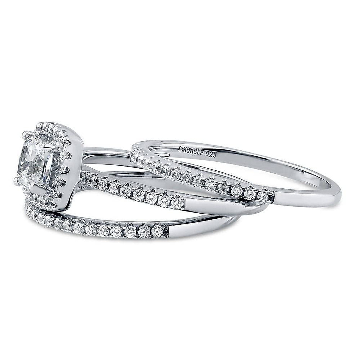 BERRICLE Sterling Silver Halo Wedding Engagement Rings Cushion Cut Cubic Zirconia CZ Ring Set for Women, Rhodium Plated Size 7
