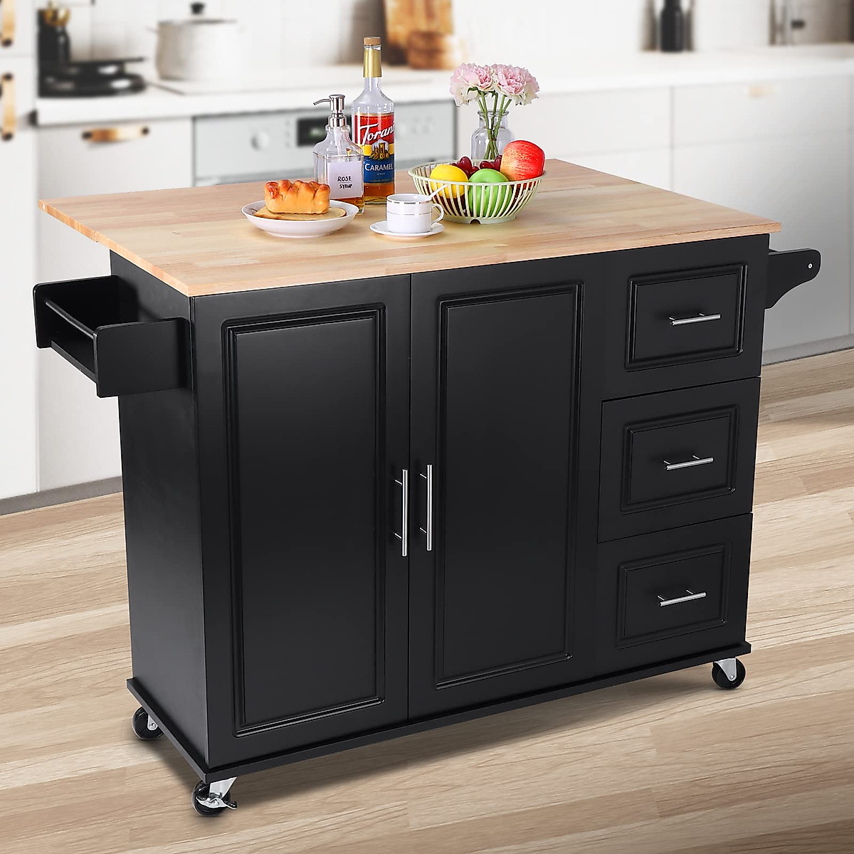 Unovivy Large Kitchen Island Cart with Drop Leaf, Kitchen Island with Storage, Rolling Kitchen Island with Adjustable Shelf Inside Cabinet, 3 Drawers, Spice Rack, Towel Rack and Wood Table Top