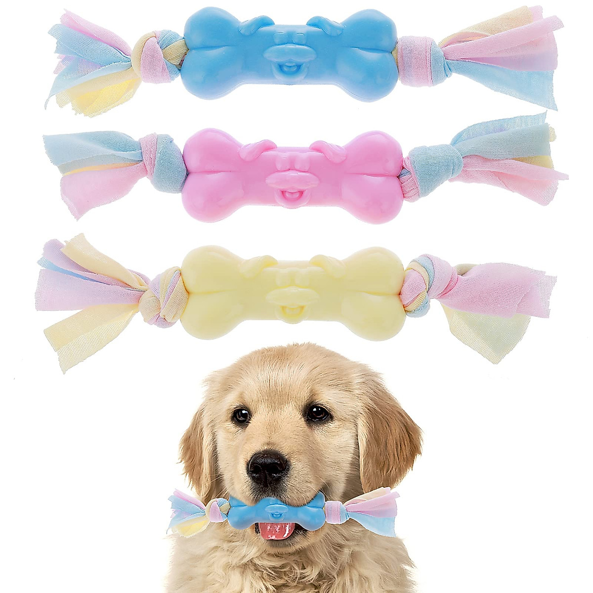 cobee 3 Pack Puppy Teething Chew Toys, Cute Dog Face Teething Chew Toy with Interactive Cotton Ropes for Dogs Oral Teeth Sotthe Itching(Pink, Blue, Yellow)