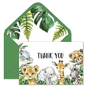 Whaline 50 Pack Safari Jungle Thank You Cards with Envelopes Stickers Jungle Animal Greeting Cards Watercolor Forest Animal Cartoon Blank Note Cards for Birthday Baby Shower Party Supplies