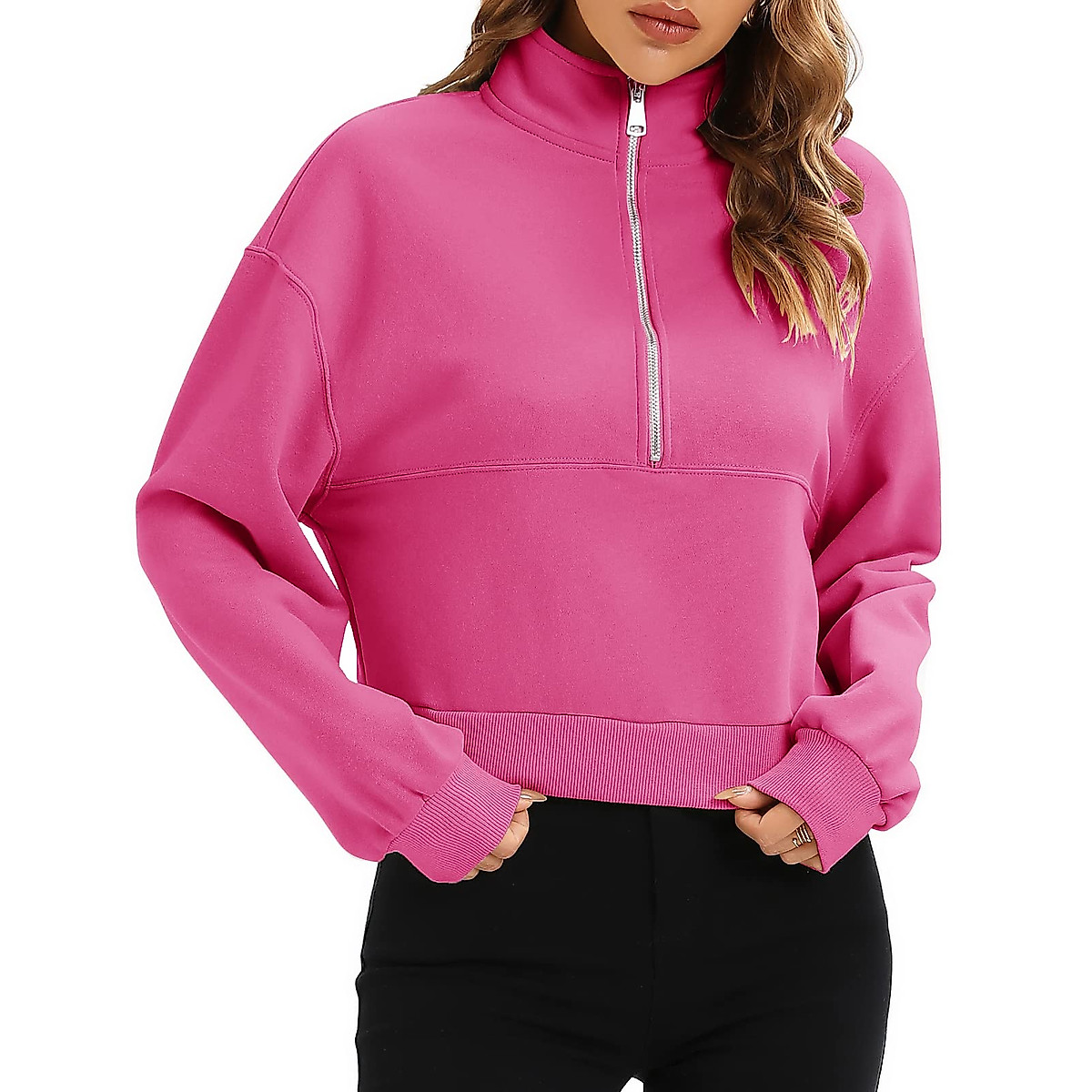 Artfish Womens Cropped Sweatshirts Half Quarter Zip Pullovers Long Sleeve Crop Tops Workout Gym Hoodies Hot Pink S