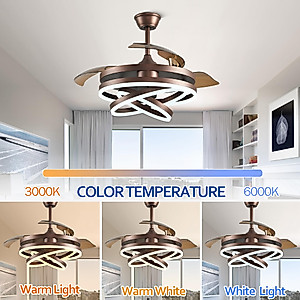 Cusp Barn 42" Retractable Fandelier Ceiling Fan with Lights Remote - Silent Dimmable Modern 6 Speed LED Chandelier Fan for Bedroom Living Room Kitchen