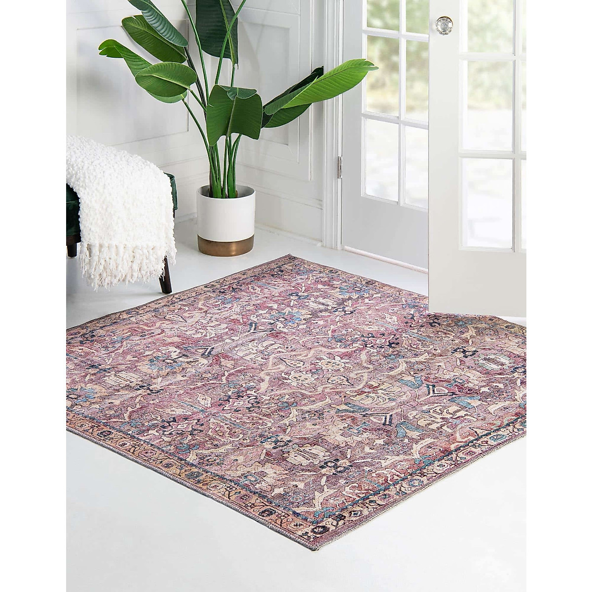 Rugs.com Nostalgia Collection Washable Rug – 7' 10 Square Pink Flatweave Perfect for Living Rooms, Kitchens, Entryways