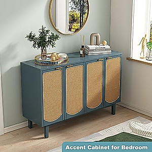ARTPOWER Sideboard Buffet Cabinet with 4 Rattan Doors, Accent Storage Cabinet with Shelves, Free Standing TV Console Table, Modern Teal Credenza for Kitchen, Dining Room, Living Room, Hallway