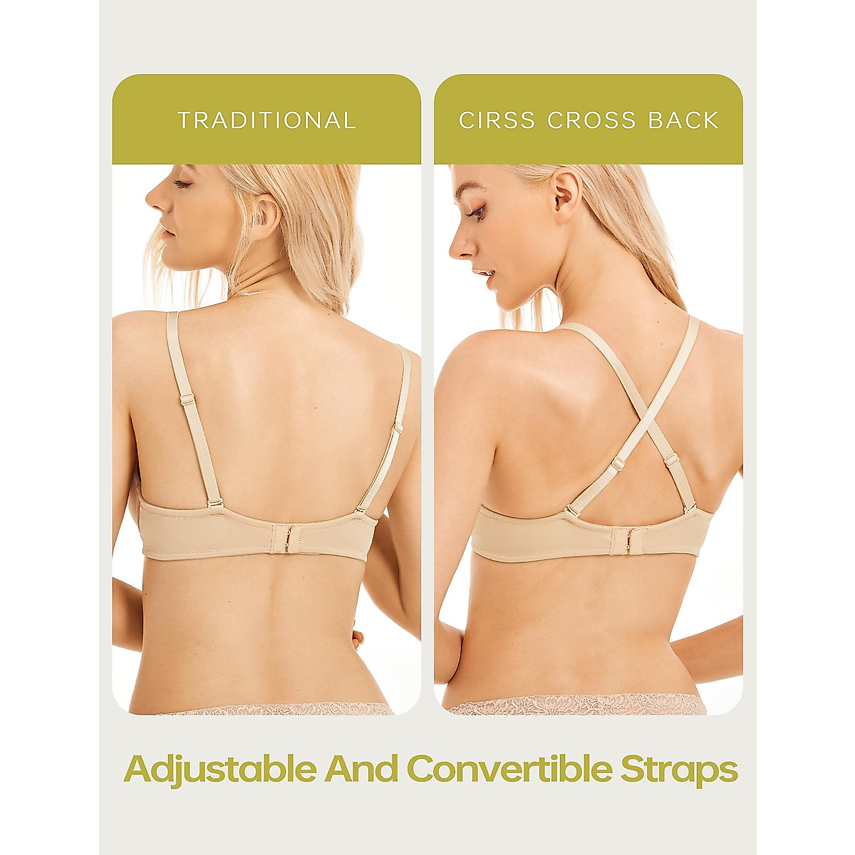 Wingslove Women's Push Up Bra Deep V Plunge Underwire T-Shirt Bra Multiway 2 Cups Up（Nude,32D