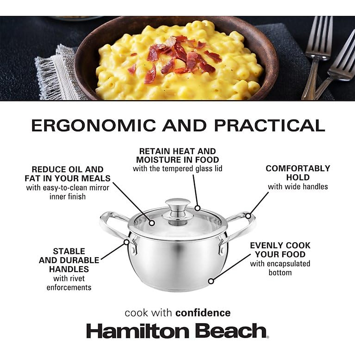 Hamilton Beach 4QT Stainless Steel Belly Design Dutch Oven Pot with Glass Lid and Stay-Cool Riveted Handles, Multipurpose Stewpot Skillet, Compatible with All Stove Tops, Oven & Dishwasher Safe
