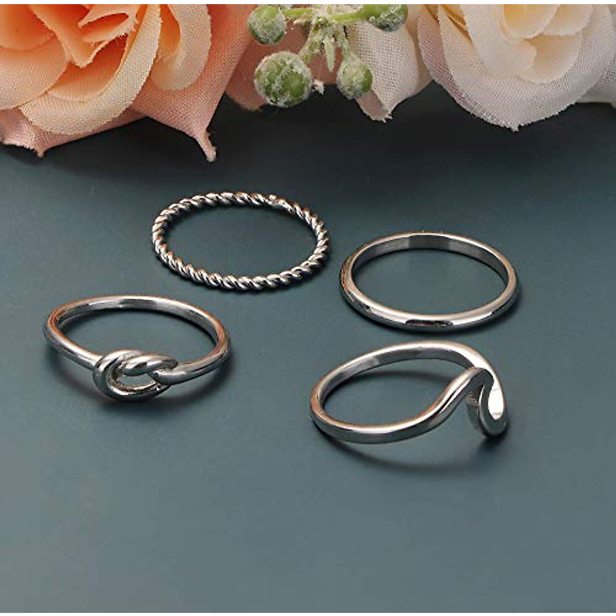 ORAZIO 4 Pcs Silver Wave Rings for Women Twist Knot Band Stackable Rings Stainless Steel Simple Thumb Cute Love Rose Gold Rings Set