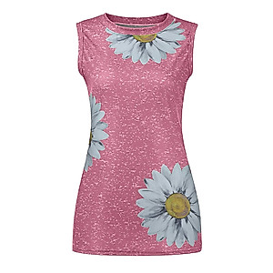 Tank Top for Women Crew Neck Daisy Print Tops Sleeveless T-Shirts Summer Chrysanthemum Graphic Print Tee Blouse