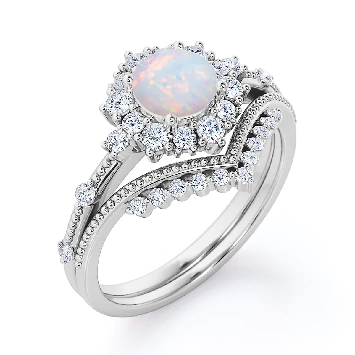 Opal Engagement Ring for Women Bridal Sets 1.35ct Opal and Moissanite Engagement Ring Set 10K White/Rose Gold Wedding Ring Set Opal Birthstone Anniversary Ring Free Engraved
