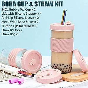 Reusable Boba Cup Bubble Tea Cup 2 Pack, 24Oz Wide Mouth Smoothie Cups with Lids Straws Silicone Sleeve, Leakproof Glass Mason Jars Drinking Water Bottle Travel Tumbler for Large Pearl Christmas Gifts