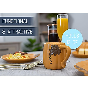 Nat & Jules Pumpkin Shaped 12 ounce Ceramic Coffee Mugs: Perfect for Halloween, Thanksgiving and Fall Kitchen & Home Collections - Set of 2, Orange