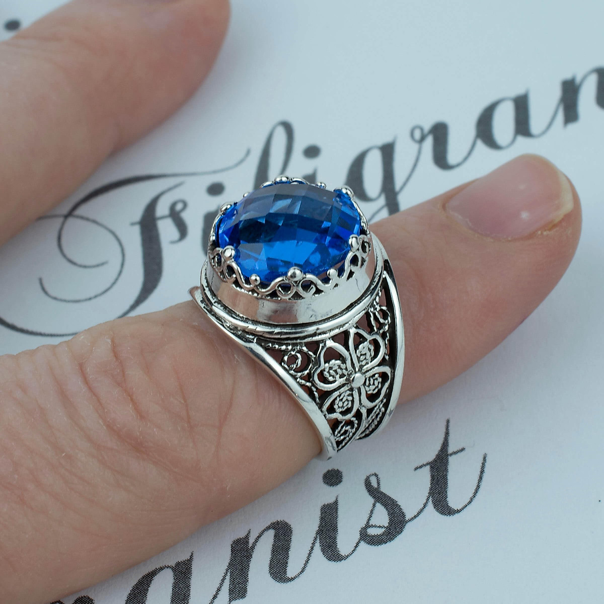 Filigranist 925 Sterling Silver Filigree Art Blue Quartz Gemstone Women Cocktail Statement Ring, Luxurious Gift Boxed (Blue Quartz, 10.5)