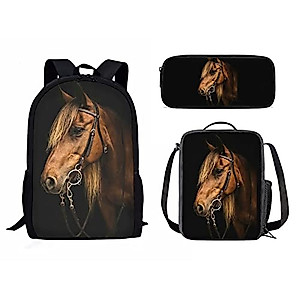 Yuuxorilu Girls Horse Backpack Elementary School with Lunchbox Book Bags for Teenage Girls Boys with Pencil Case 3 Pack Water Resistant School Bag with Drinks Side Pocket Back to School Gifts