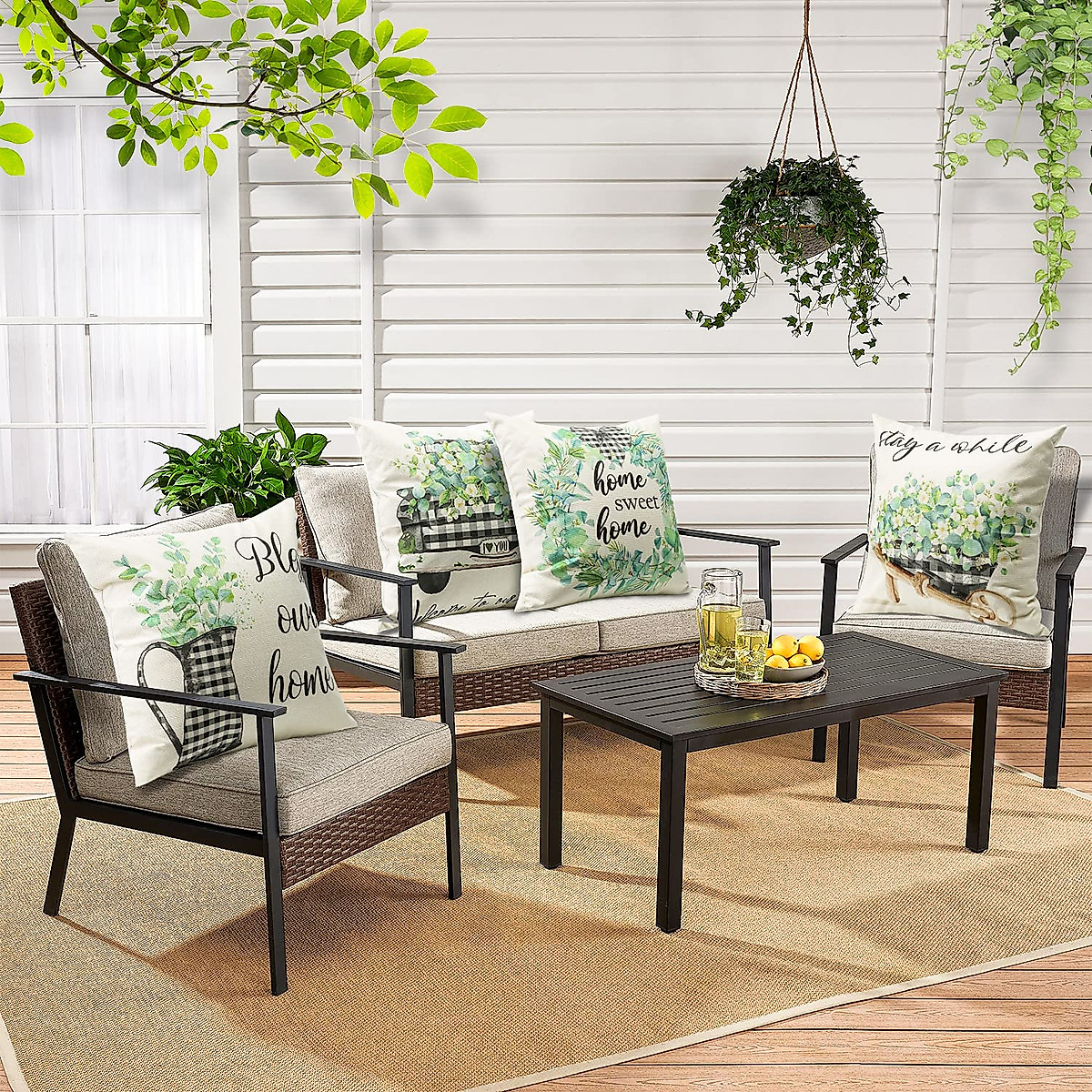 OTOSTAR Waterproof Outdoor Throw Pillow Covers Pack of 4 Spring Decorations for Home Pillow Covers 18x18 Inch Garden Pillowcase Leaf Cushion Case for Summer Holiday Couch Patio Decor (Eucalyptus E)