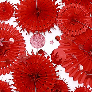 Red Party Decorations Chinese New Year Tissue Pompom Paper Fan Decor Birthday Party Garland Glitter Circle Dots Garland Steamer Banner Backdrop for Girls Wedding Valentines Day