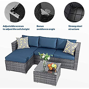 JAMFLY Outdoor Patio Furniture Sets, All-Weather Rattan Outdoor Sectional Sofa with Tea Table and Cushions Upgrade Wicker Patio sectional Sets 3-Piece (Aegean Blue)