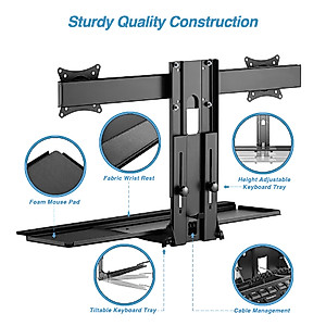 AVLT Dual 17”-27" Sit Stand Monitor Wall Mount with Height Adjustable Keyboard Tray Workstation – Adapter for VESA Compatible Wall Mounts – Keyboard Tray with Wrist Rest Mouse Pad