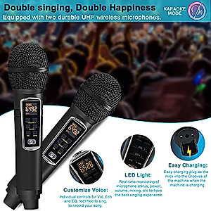 ALPOWL Karaoke Machine for Kids Adults with 2 UHF Wireless Microphone, Portable Bluetooth Speaker PA System with LED Lights for Home Party, Wedding, Church, Picnic, Outdoor/Indoor (Black I)