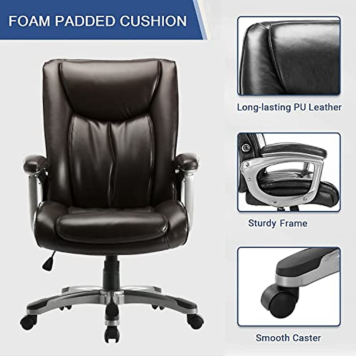 Home Office Chair Executive High Back Ergonomic Desk Chair Height Adjustable Managerial Rolling Swivel Chair with Adjustable Built-in Lumbar Support, Faux Leather, Dark Brown