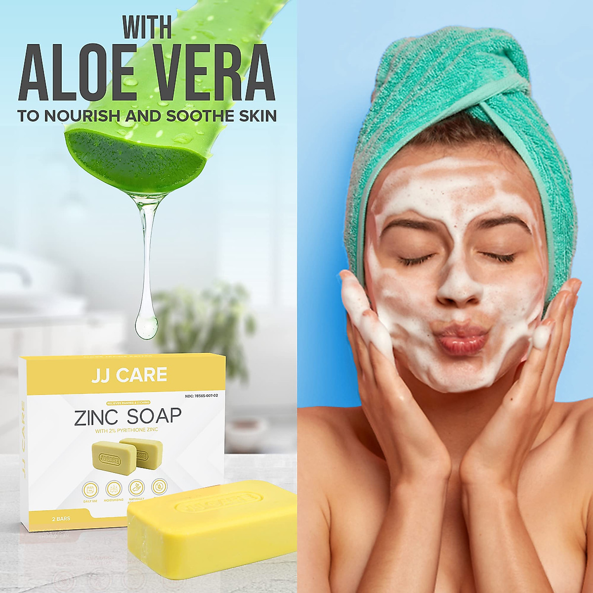 JJ CARE Zinc Soap - Pack of 2 Medicated 2% Zinc Pyrithione Soap For Daily Use, Individually wrapped 4 oz. Zinc Bar Soap with Aloe Vera for Dandruff & Seborrheic Dermatitis