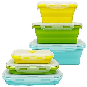 CCyanzi Collapsible Lunch Containers With Lids, Silicone Reusable Containers, Leakproof, Microwave safe, Collapsible Bowls for Camping & Travel, Set of 3