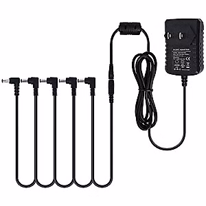 Pigtone DC 9V Guitar Pedal Power Supply AC Wall Charger Adapter 9V DC 1A 1000mA Tip Negative 5 Way Daisy Chain Pedal Cables for Most Guitar Effect Pedals