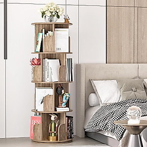 GOOFCXO 4 Tier Rotating Bookshelf, 360° Revolving Bookcase Wood Rotating Stackable Shelves Floor-Standing Storage Display Rack Used in Bedrooms Living Rooms Study Office (52"x18"x18")