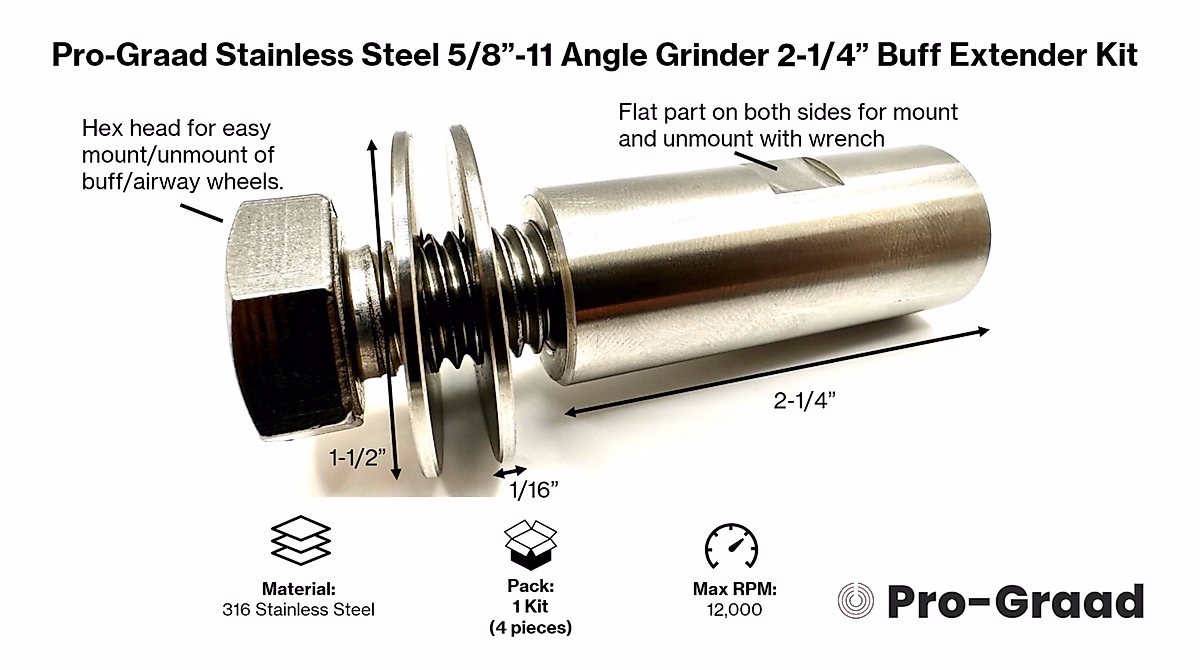 Pro-Graad Stainless Steel 5/8”-11 Angle Grinder Buff Extender Kit ...