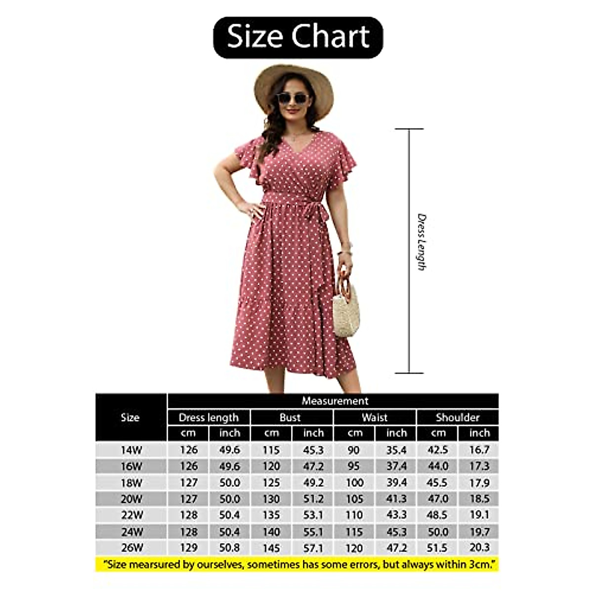 Celkuser Womens Plus Size Summer Short Sleeve V Neck Boho Casual Floral Midi Dress with Pockets CEL134(cel134,16,PinkDot)
