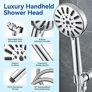 WATERLACE High Pressure Shower Head with Handheld, 8-mode Shower Heads, Anti-clog Nozzles, Built-in Power Wash to Clear Tub, Tile & Pets, with Extra Long Stainless Steel Hose and Adjustable Bracket
