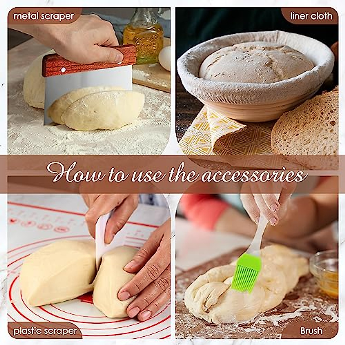 Yaomiao 13 Pcs Banneton Bread Proofing Basket Set, Bread Proofing Basket Rattan with Liner, Sourdough Bread Making Kits for Starter Professional Baker Gift (Round, Oval,9 Inch, 10 Inch)