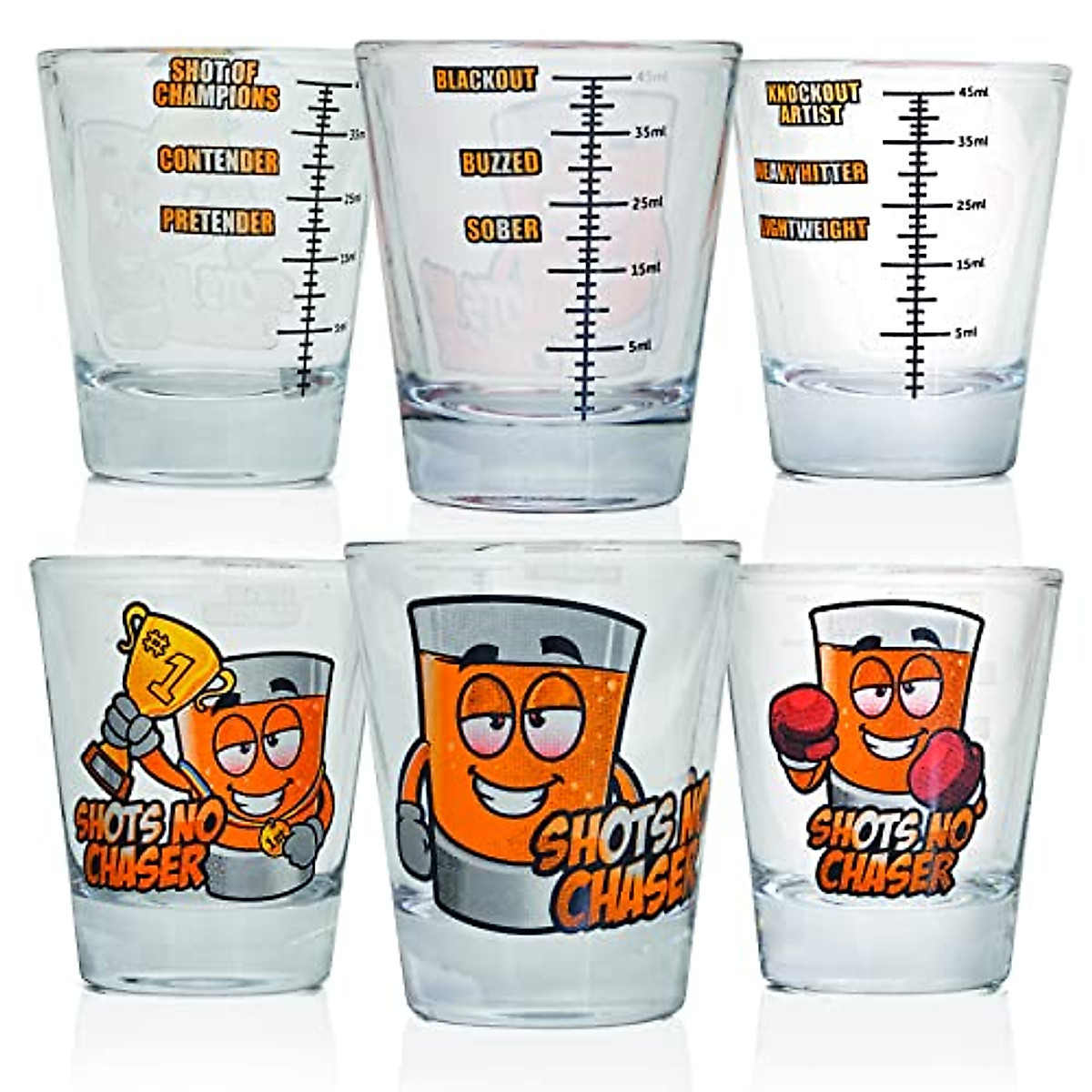 Shots No Chaser Stocking Stuffer Gag Gifts for Men Shot Glasses 6 Pack Unique Novelty Funny1.5 oz Shot Glass Set with Heavy Base, Measurements - Birthday Gifts For Men and Women