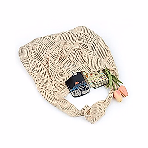 Stizimn Crochet Tote Bag for Women Shoulder Bag Handbags Knitting Hollow Hobo Bag Aesthetic Handmade Weaving Large Capacity (Diamond-shaped Hollow Beige)