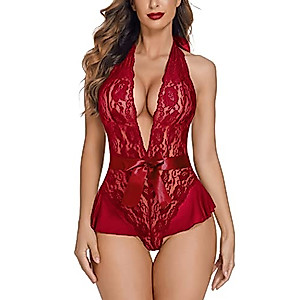 Avidlove Women Lingerie Teddy Deep V Halter One Piece Babydoll Mini Lace Bodysuit Wine Red Medium Wine Red Large