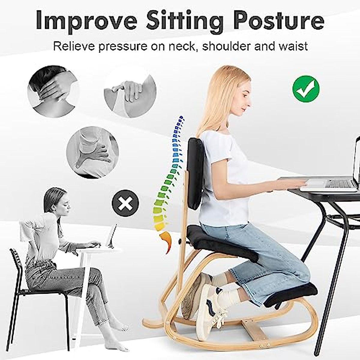 Julimoon Ergonomic Kneeling Chair, Posture Stool with Backrest & Cushion, Comfortable Kneeling Stool with Load 300 Lbs, Rocking Stool with Solid Wood Frame, Ergo Rocking Kneel Chair for Home Office