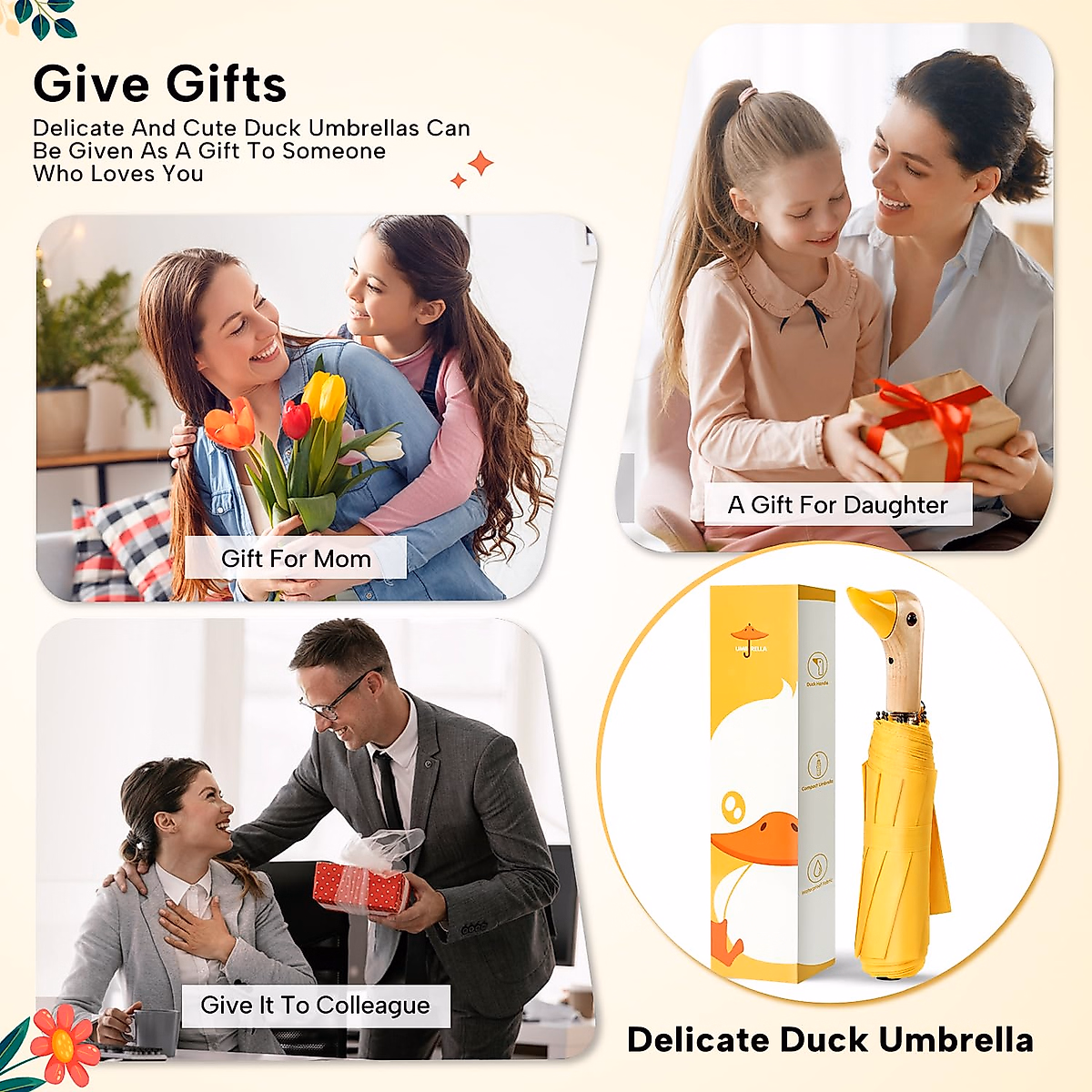 LEAGERA Compact Umbrellas for Rain&Sun, Travel Umbrella Cute Duck Head Handle Design for Girls Gifts, Steady 8 Ribs Folding Umbrella Lightweight and Small,Yellow